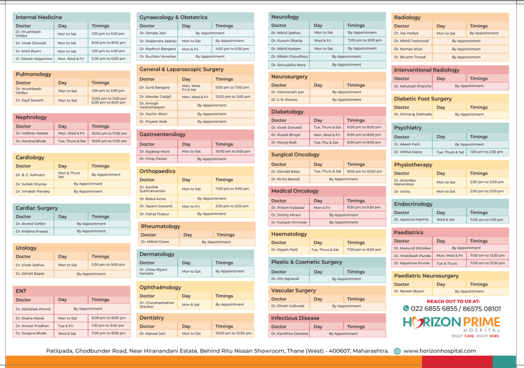 Doctors Schedule - Best Hospital in Thane - Horizon Prime Hospital
